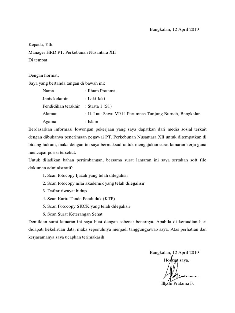 Contoh Surat Lamaran PTPN | PDF