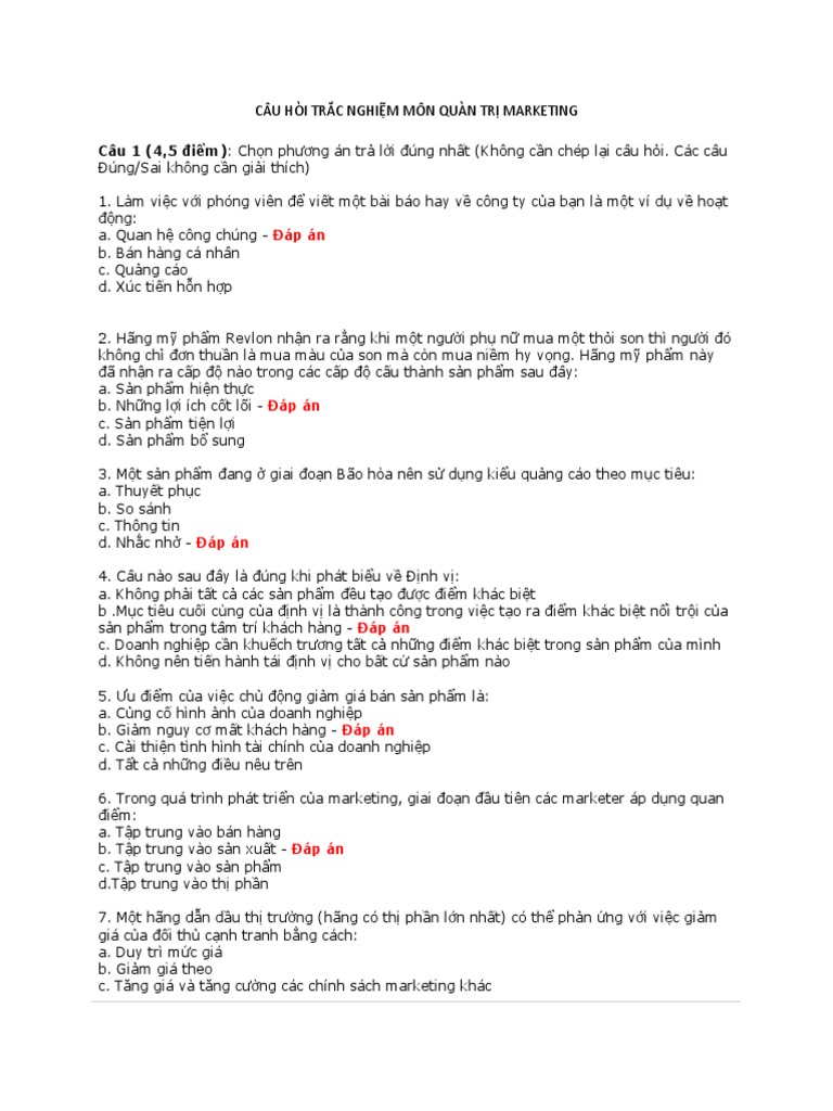 (123doc) - Cau-Hoi-Trac-Nghiem-Mon-Quan-Tri-Marketing | PDF