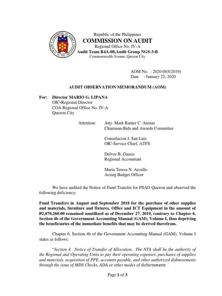 Final AOM 2020-03 (2019) Unutilized Psao Funds | PDF