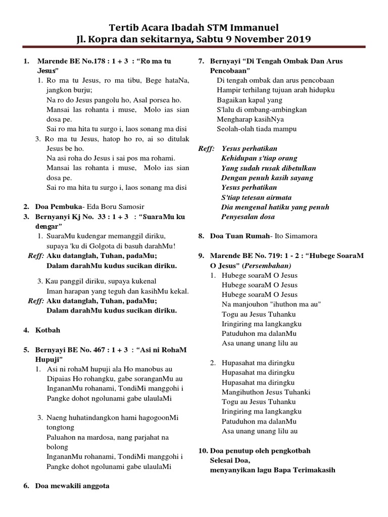 Tertib Acara Ibadah STM Immanuel 9 November 2019 | PDF