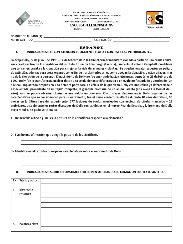 Examen Español Tercer Grado Telesecundaria | PDF