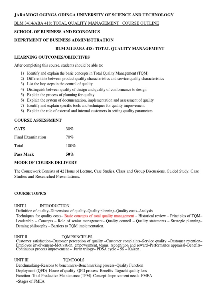 Total Quality Mgt-Course Outline-Jooust | PDF