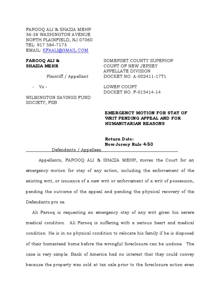 Court of Appeals Emergency Motion For Stay of Writ | PDF