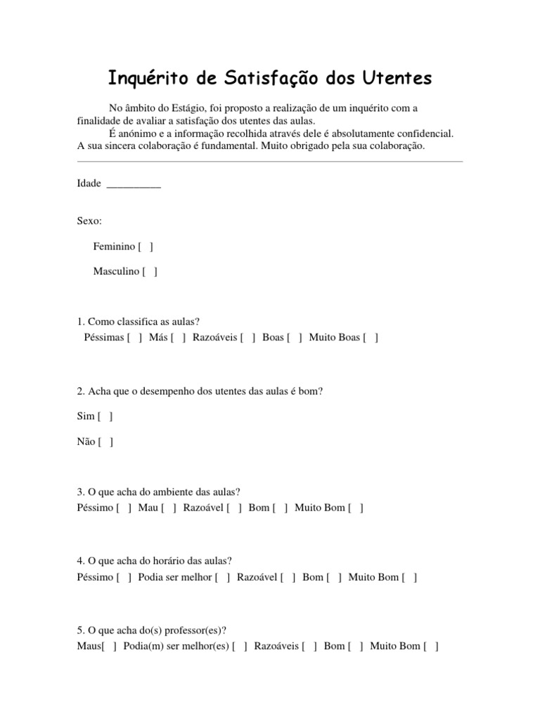 Inquérito de Satisfação das Aulas | PDF | Autoajuda | Estilo de vida