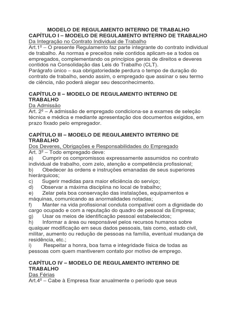 Modelo de Regulamento Interno de Trabalho | PDF