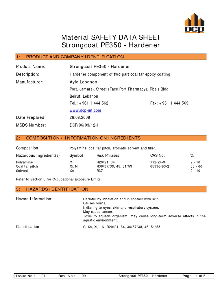 Strongcoat PE350 - Hardener - MSDS PDF | PDF