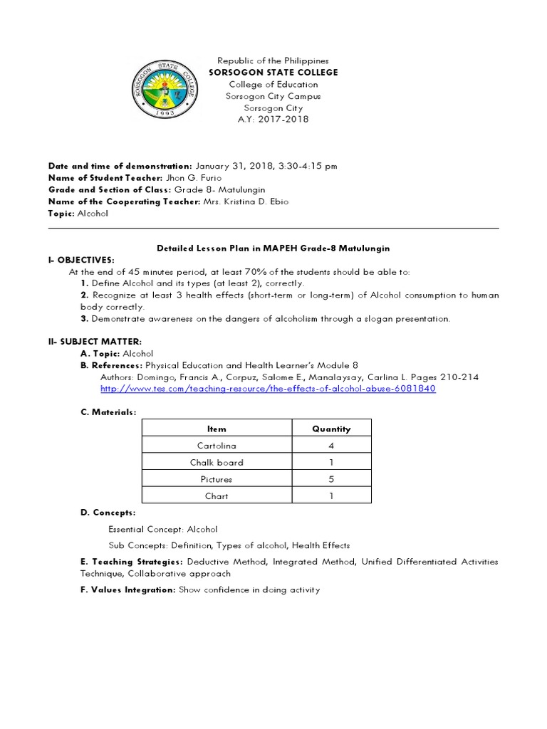 Alcohol Furio-Detailed Lesson Plan | PDF