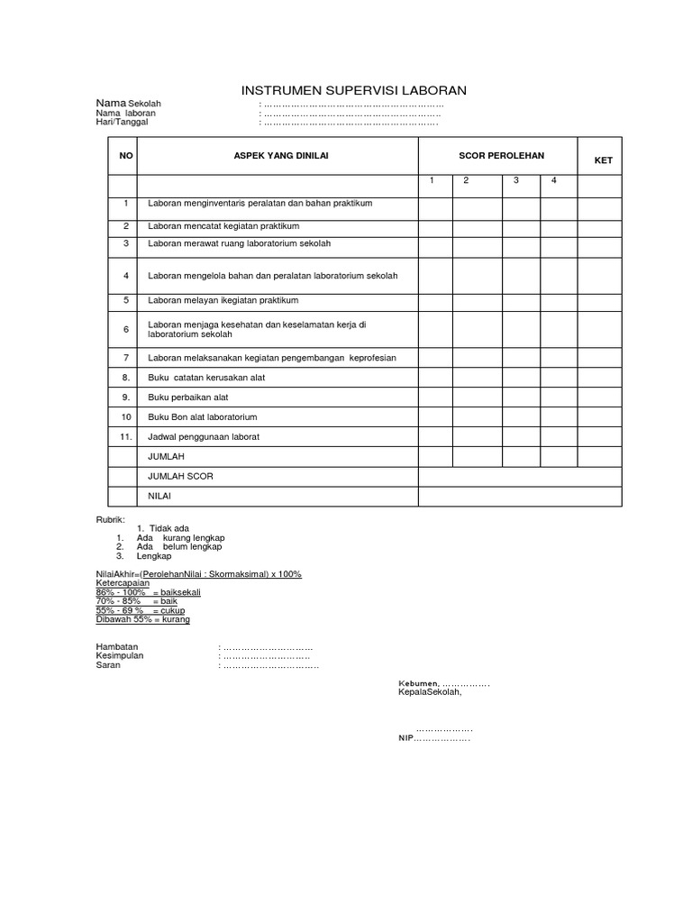 3 Instrumen Supervisi Kepala Laboratorium Sekolah | PDF