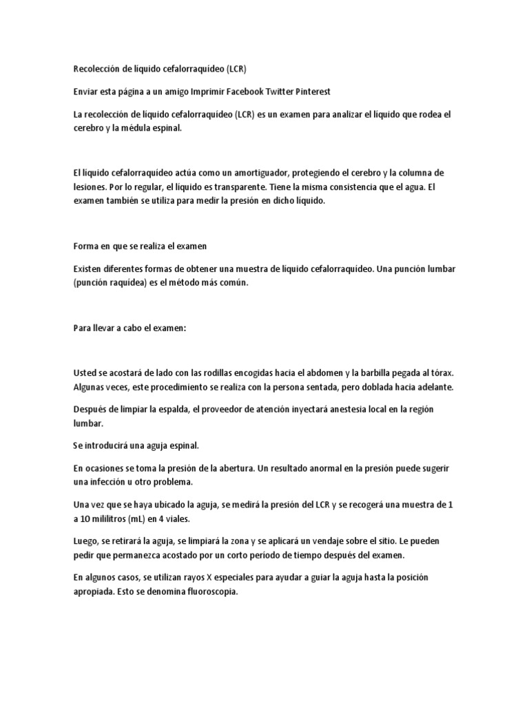 Recolección de Líquido Cefalorraquídeo LCR | PDF
