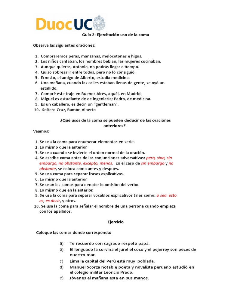Ficha 2 Ejercitación Uso de La Coma (Clase 2) | PDF