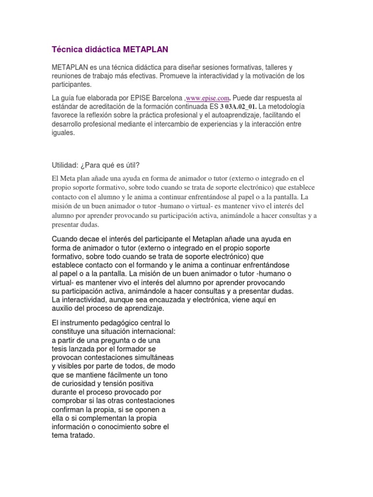 Técnica didáctica METAPLAN: Un método interactivo para diseñar sesiones ...