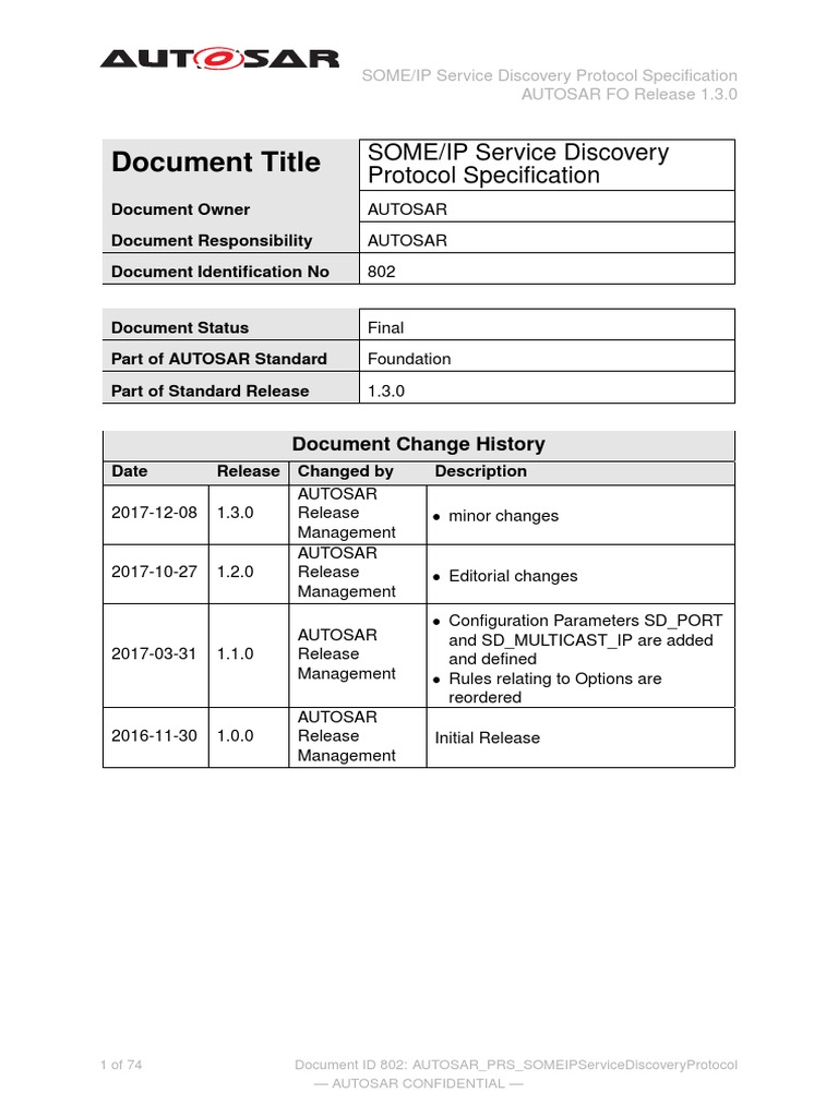 AUTOSAR PRS SOMEIPServiceDiscoveryProtocol | PDF | Internet Protocol ...
