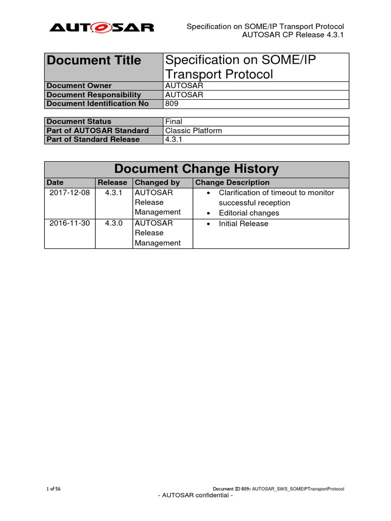 AUTOSAR SWS SOMEIPTransportProtocol | PDF | Internet Protocols | Intellectual Property