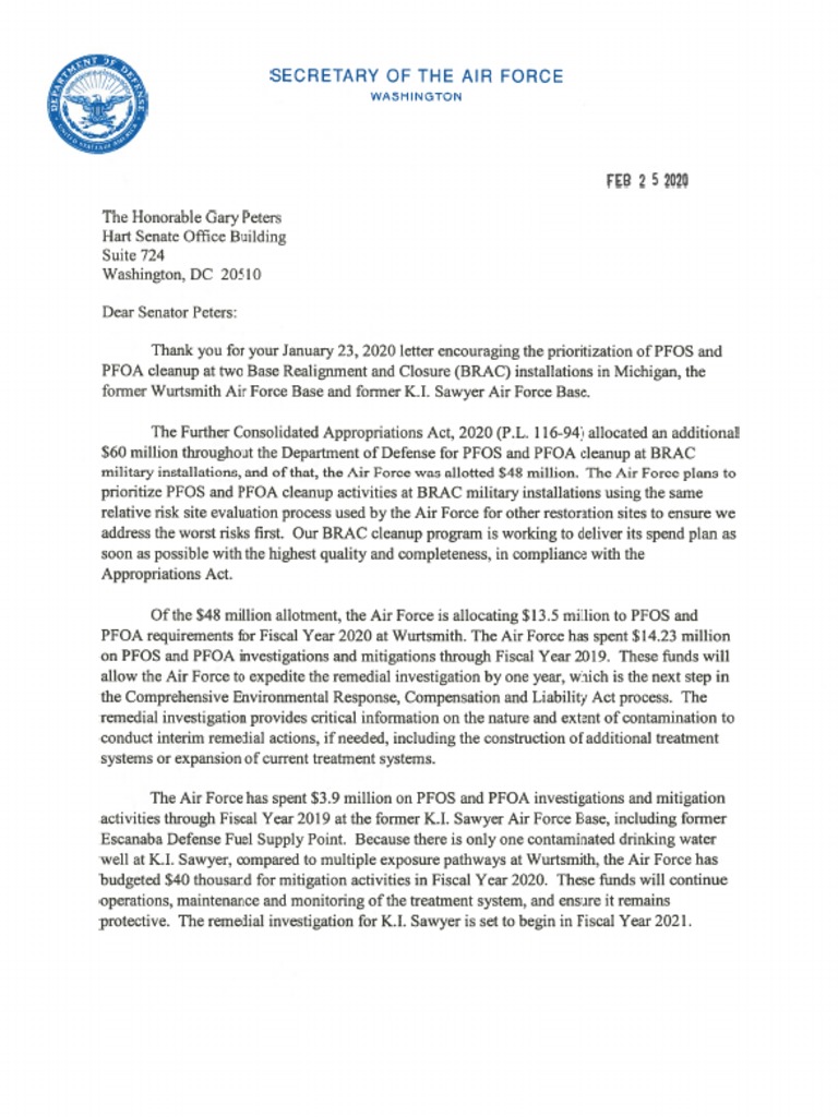 SECAF Letter To MI Del Re PFAS-PFOA Decontamination, Sen Peters