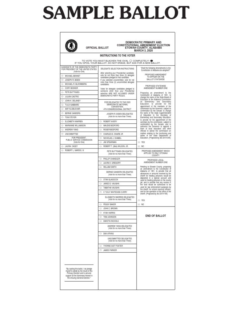 Etowah County Democratic Primary Election Sample Ballot 2020 | PDF ...