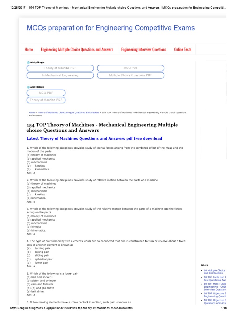 154 Top Theory of Machines Question and Answers | PDF | Machines ...