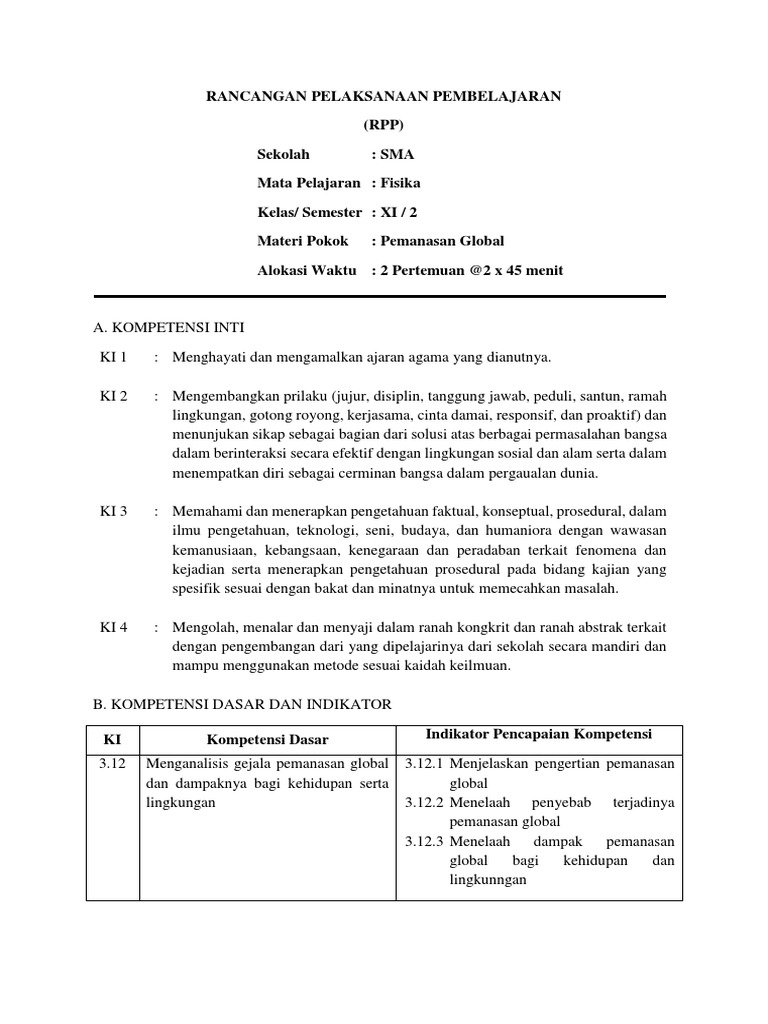 RPP Project Based Learning-Global Warming | PDF