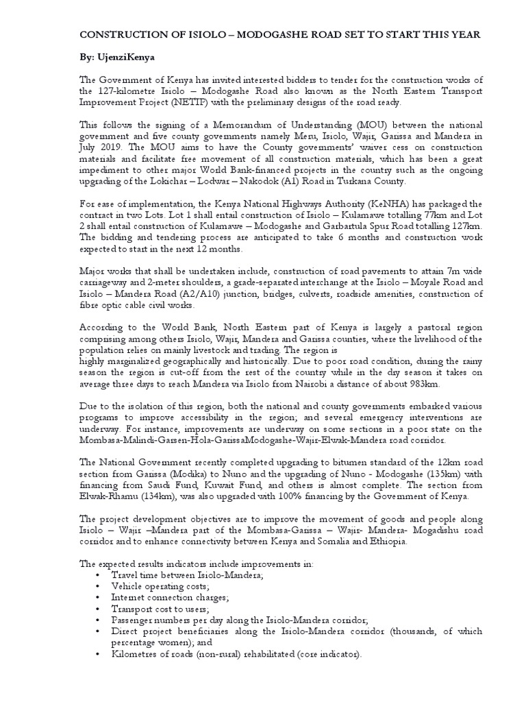 Construction of Isiolo - Modogashe Road Set To Start This Year | PDF ...