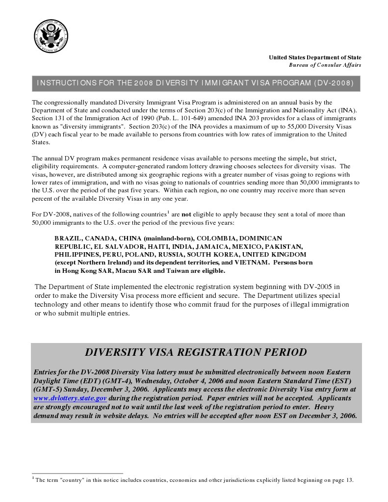 Diversity Visa Registration Period: Instructions For The 2008 Diversity ...