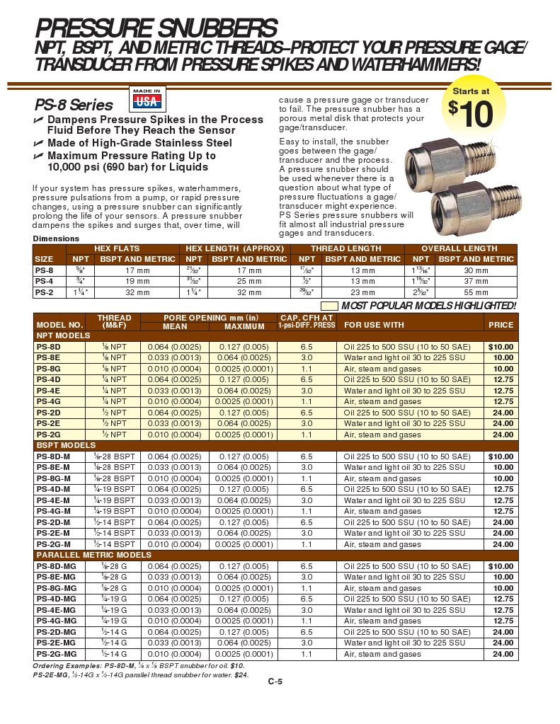 Pressure Snubbers for Gages & Transducers | PDF | Flow Measurement | Hvac