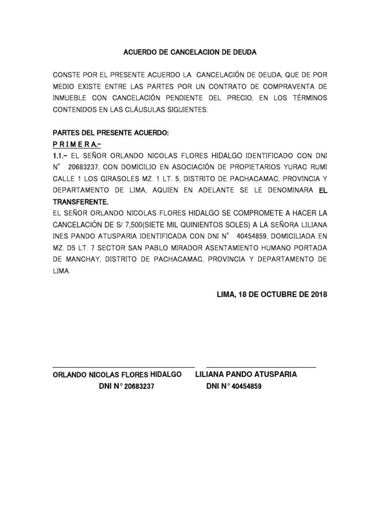Acuerdo de Cancelación de Deuda | PDF | Finanzas y dinero | Ciencias ...