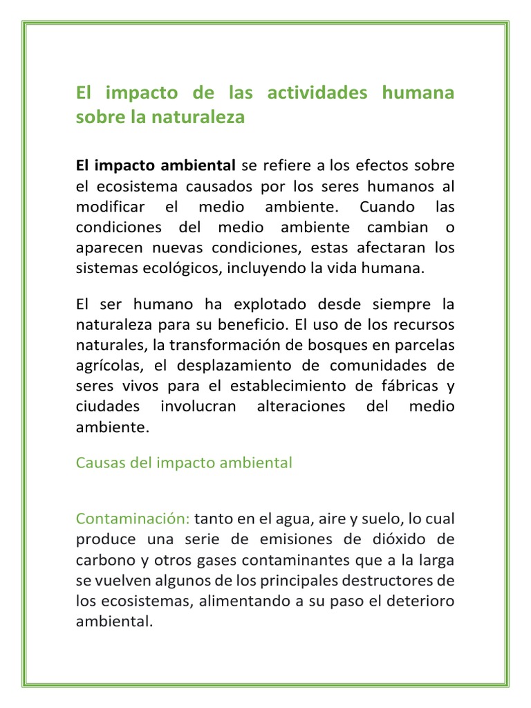 Impacto humano en la naturaleza y soluciones | PDF | Entorno natural ...