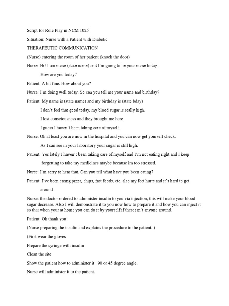 Script For Role Play in NCM 105 | PDF | Insulin | Nursing