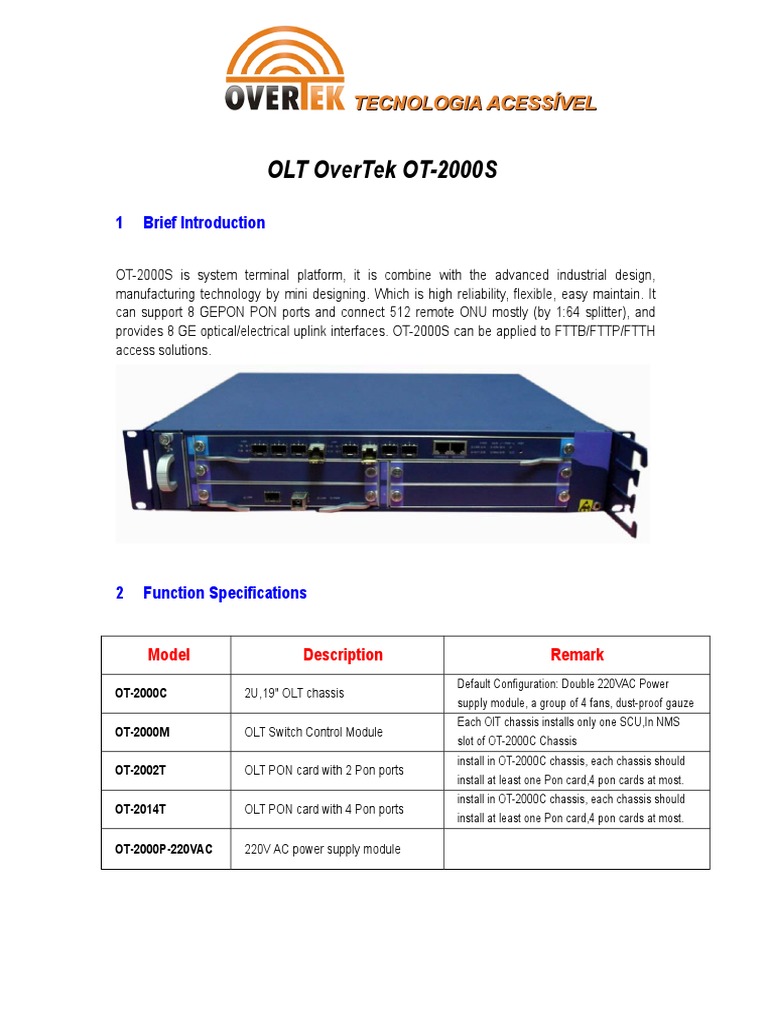Datasheet OLT OverTek OT-2000S PDF | PDF | Fiber To The X | Network Switch