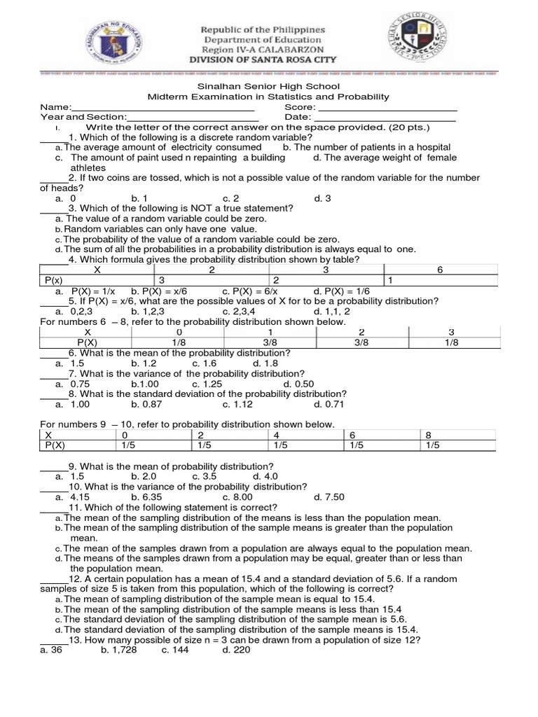Midterm Exam in Statistics and Probability Grade 11 | PDF | Standard ...