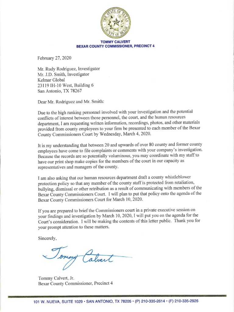 Commissioner Tommy Calvert Letter To Kelmar | PDF