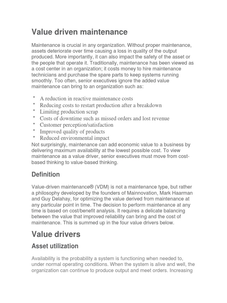 Value Driven Maintenance | PDF | Resource | Business Economics