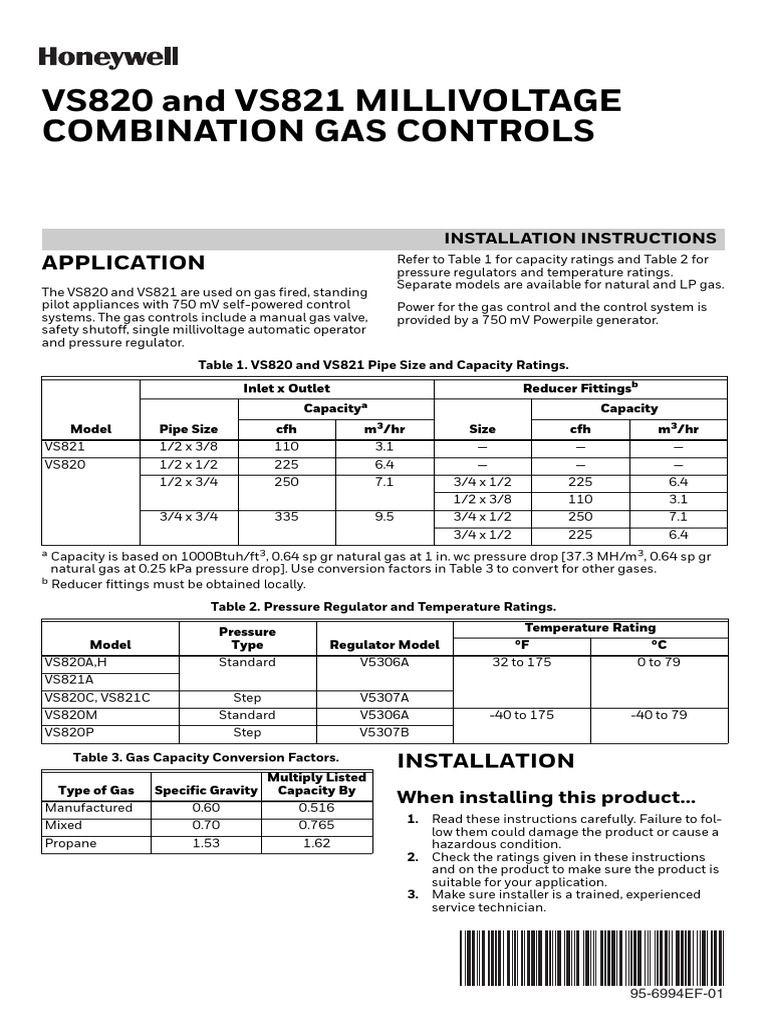 Valvula de Gas HoneyWell VS820 - VS821 | PDF | Pipe (Fluid Conveyance ...