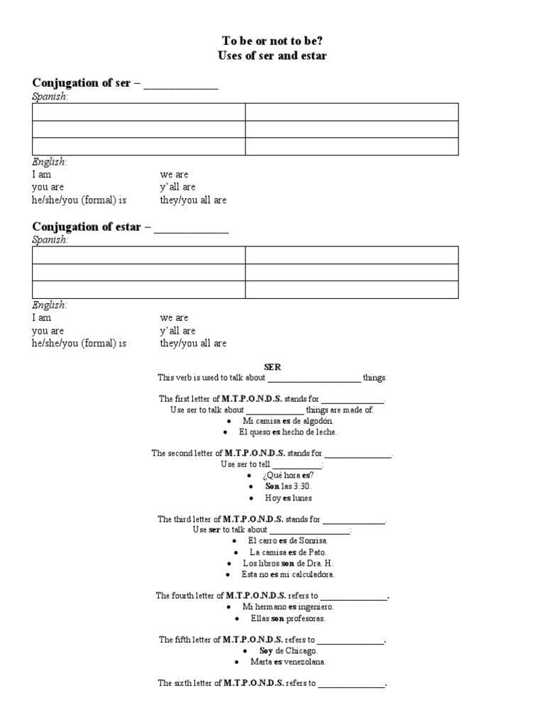 Ser v. Estar Guided Notes | PDF