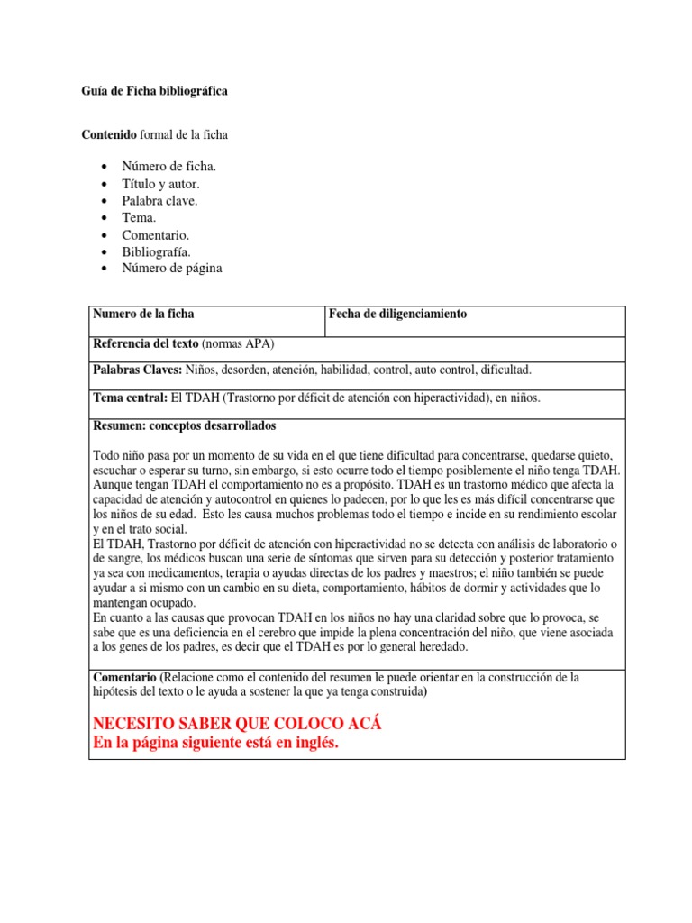 Ficha Bibliográfica sobre TDAH en APA | PDF | Trastornos de atención ...