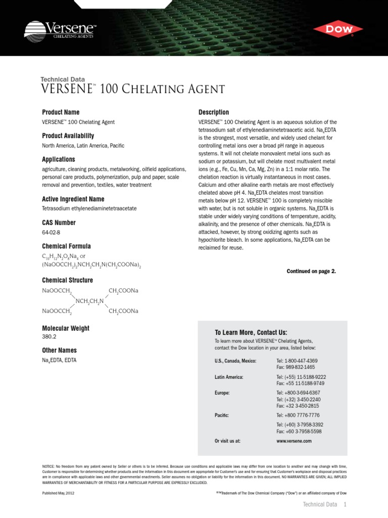 Versene 100 PDF | PDF | Ethylenediaminetetraacetic Acid | Chelation