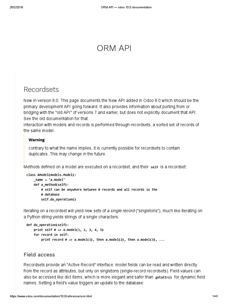 ORM API - Odoo 10.0 Documentation PDF | PDF | Object Relational Mapping ...