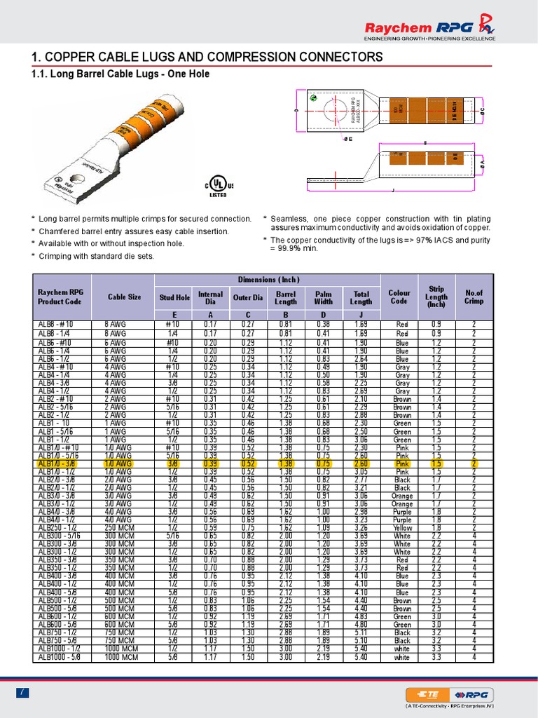Raychem RPG UL Listed Lug Range | Download Free PDF | Electrical ...