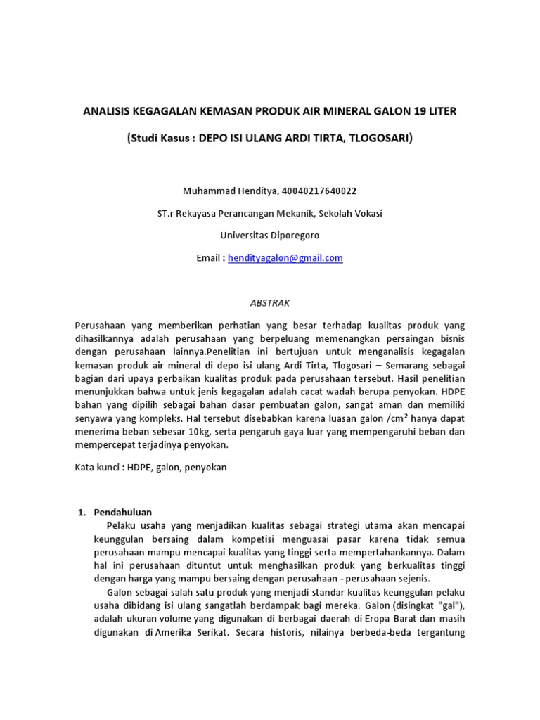 ANALISIS PENYEBAB KEGAGALAN KEMASAN GALON AIR MINERAL BERDASARKAN STUDI KASUS DI DEPO ISIAN ARDI ...