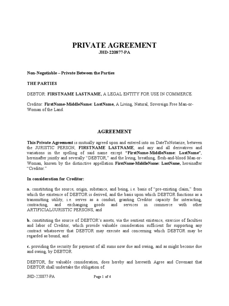 Private Agreement | PDF | Consideration | Debtor