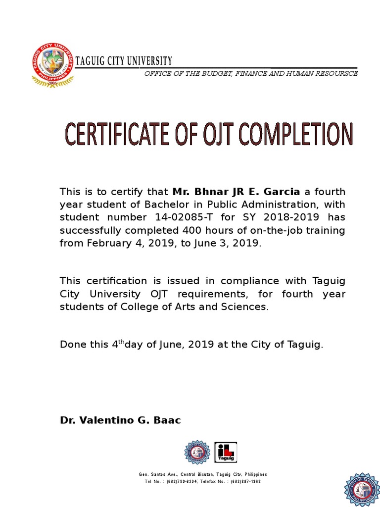 Ojt Certificate CBM 4.20.18 | PDF