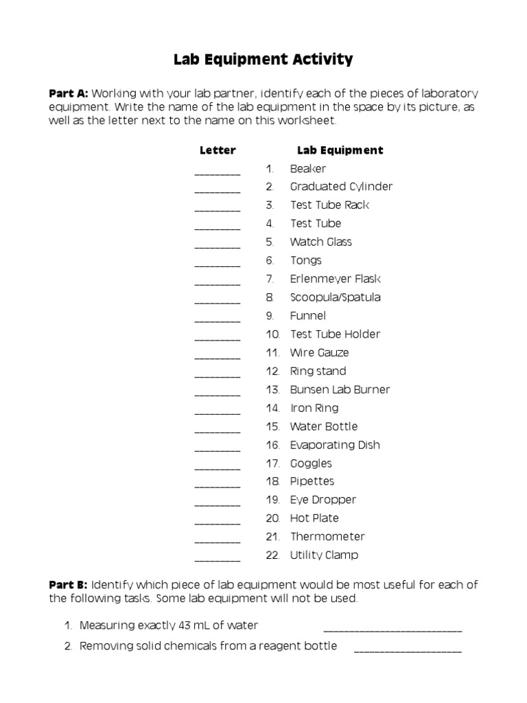 Lab Equipment Activity | PDF | Laboratory Equipment | Laboratories