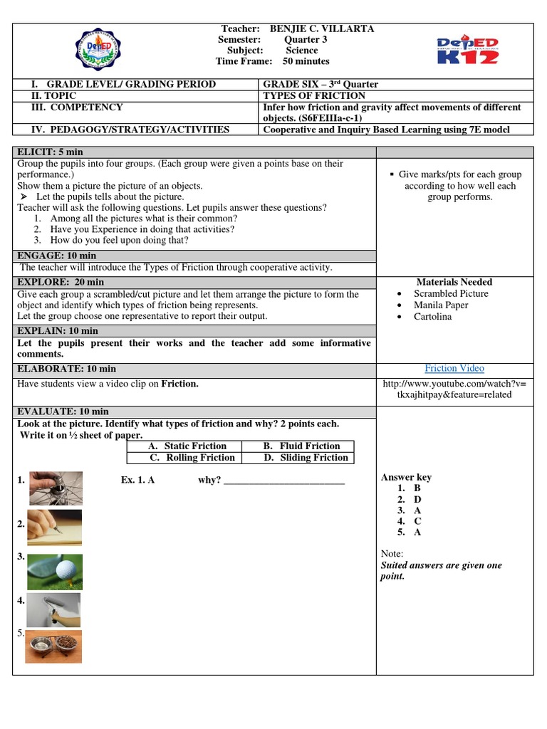 Lesson Exemplar Science 6 q3 Sumbato | PDF | Friction | Teachers