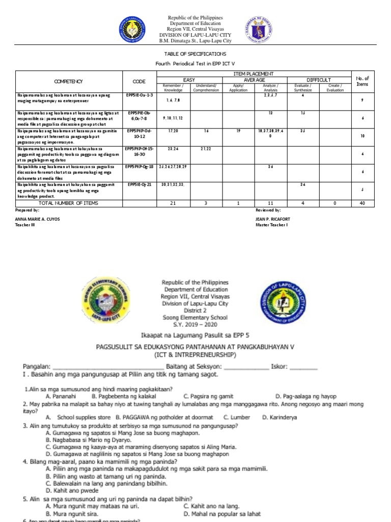 4th-TOS & TQs-IN-EPP-5 Ict | PDF