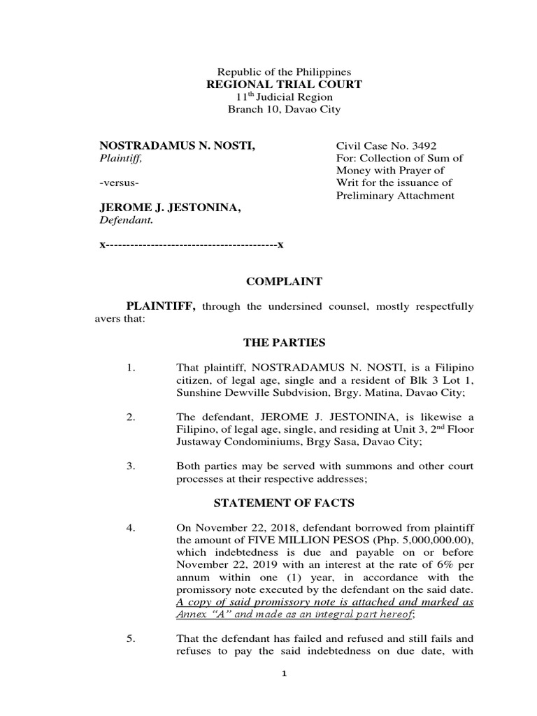 Complaint for Collection of Money | PDF | Lawsuit | Judiciaries
