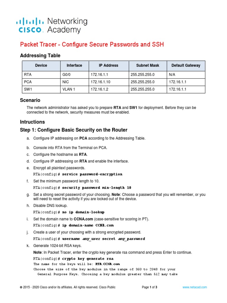 16.4.6 Packet Tracer - Configure Secure Passwords and SSH | PDF ...