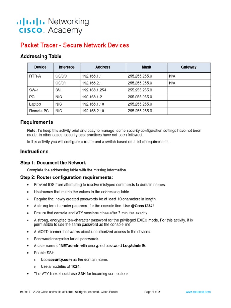 Secure Router and Switch Configuration Packet Tracer Activity | PDF | Secure Shell | Computer ...