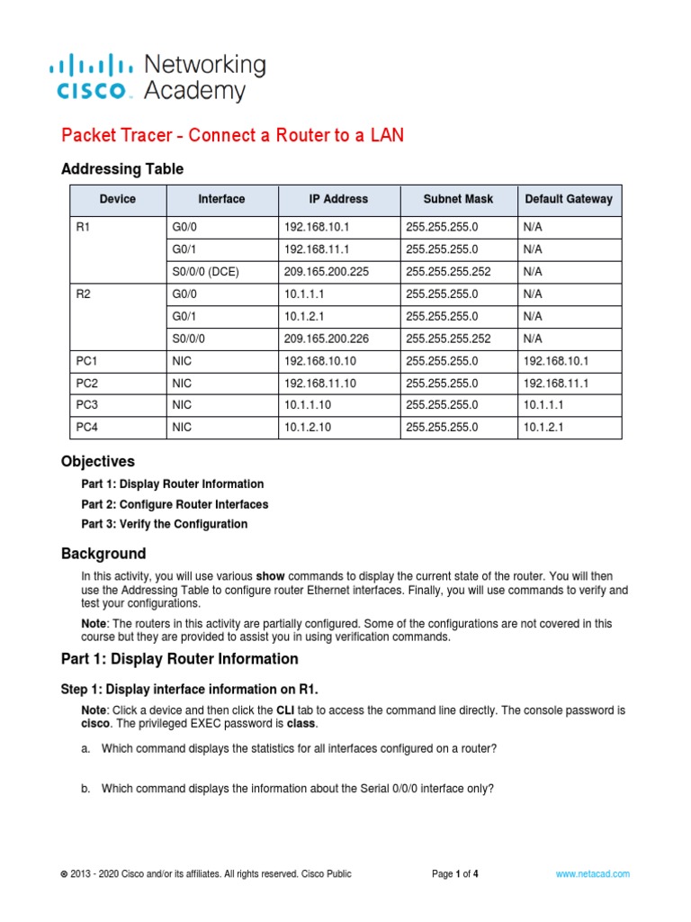 10.3.4 Packet Tracer - Connect A Router To A LAN | PDF | Router (Computing) | Ip Address