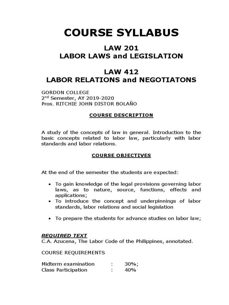 Labor Law COURSE SYLLABUS | PDF | Test (Assessment) | Syllabus