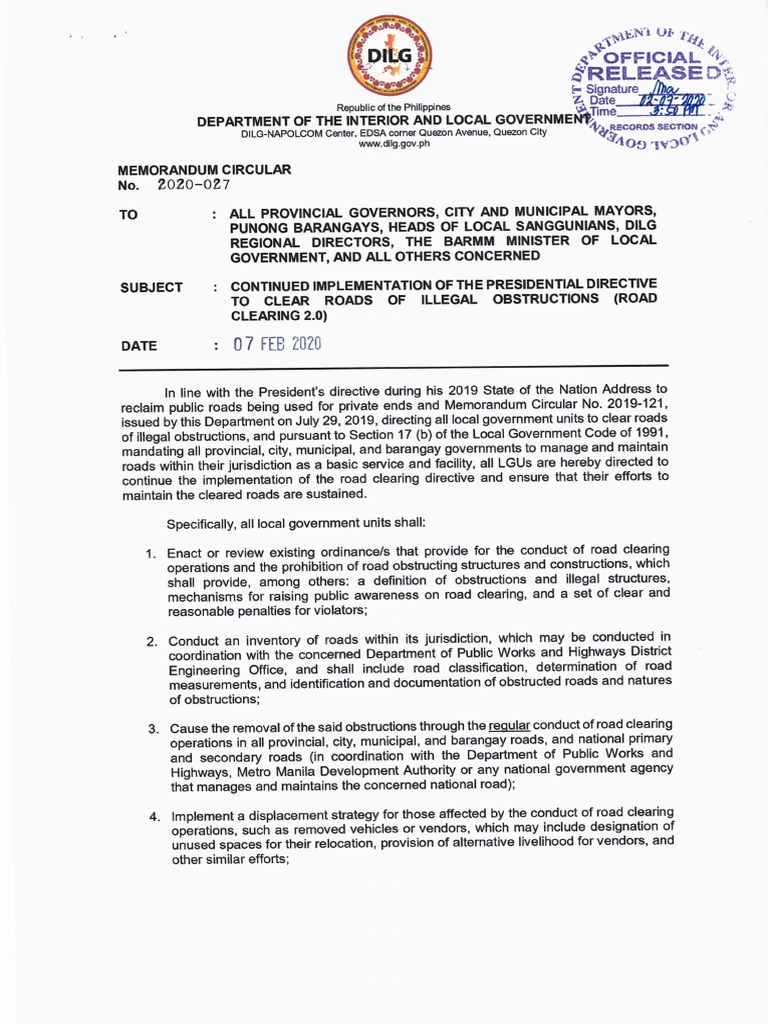 DILG MEMO CIRCULAR 2020-027 - Road Clearing 2.0 PDF | PDF