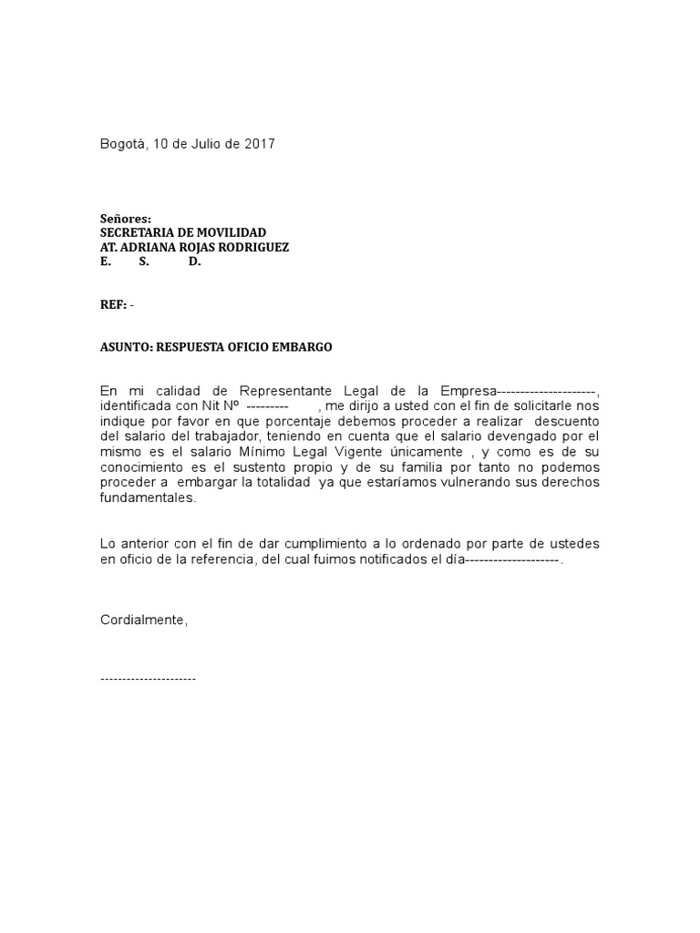 Respuesta Oficio Juzgado Embargo-Modelo 4 | PDF